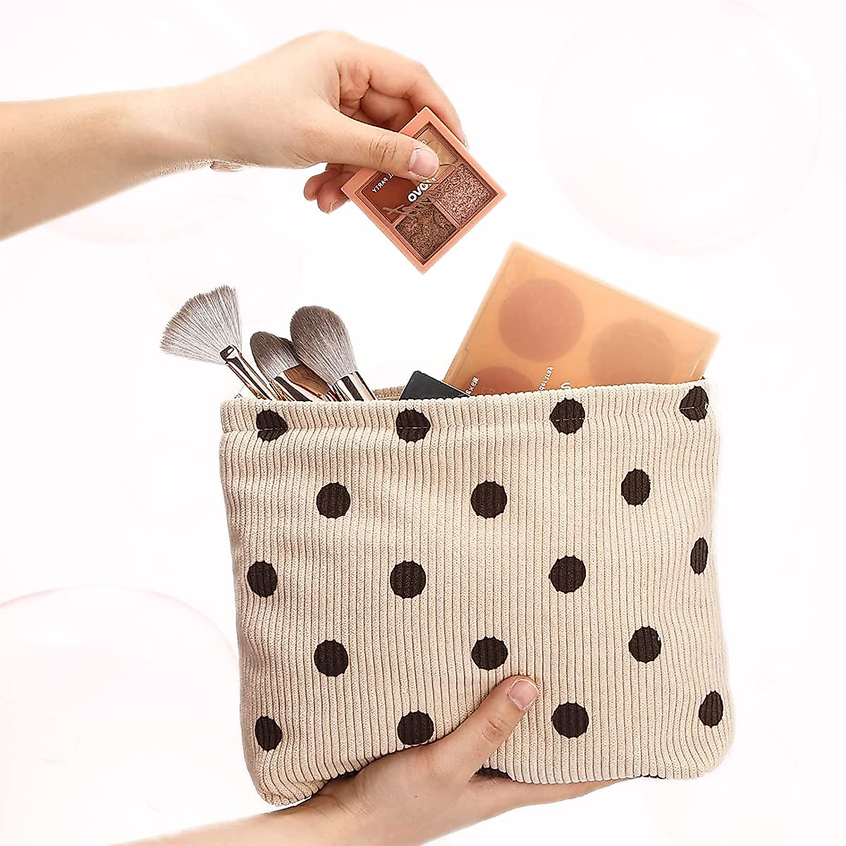 Corduroy Cosmetic Bag For Women Polka Dot Makeup Bag Travel Toiletry Bag For Women Aesthetic Stuff Girls Case Bags Alipearl (Light Pink)