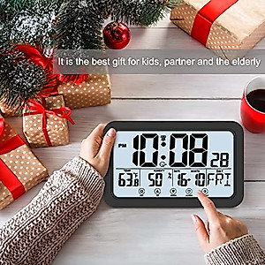 Digital Clock, Digital Wall Clock Battery Operated, Clocks with Large Display, Alarm Clock with Backlight, Desk Clock with Temperature Humidity Day Date for Bedroom Living Room Office (Black)