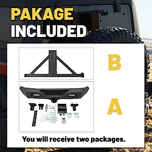 ECOTRIC Steel Rear Bumper Compatible with 2007-2018 Jeep Wrangler JK with Tire Carrier Bumper w/Lockable Tire Carrier 2" Receiver 2Pcs High Powered LED Floodlights Textured Black 2 Packages