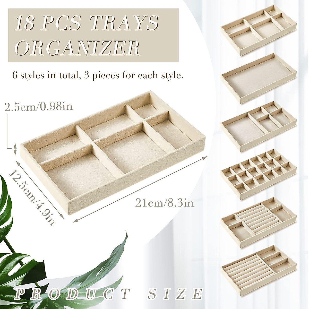 Junkin 18 Pcs Velvet Jewelry Tray Stackable Jewelry Drawer Organizer Dresser Inserts Closet Jewelry Box Divided Display Tray for Bracelet Brooch Necklace Ring Earring Watch Bangle (Beige)