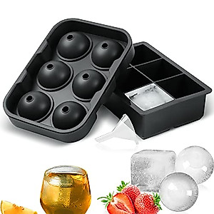 ALLTOP Ice Cube Trays(Set of 2),Sphere Mold with Lid & Large Square Ice Maker for Whiskey, Cocktails,Reusable Round Silicone Tools, DIY,Freezer-Black