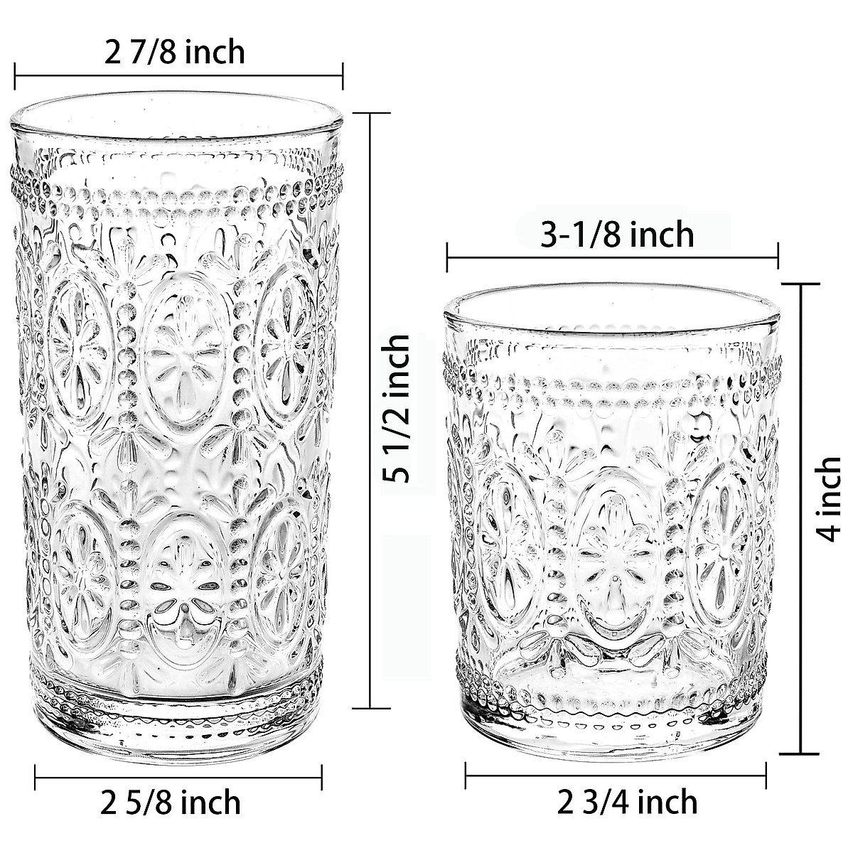 Bekith 8 Pack Drinking Glasses, 4 Highball Glasses (12 oz) and 4 Rocks Glasses (10oz), Romantic Water Glasses Tumblers, Vintage Glassware Set for Beverages, Beer, Juice, Cocktail