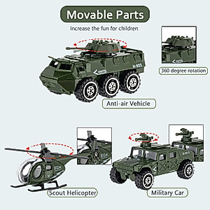 Shellvcase Diecast Military Vehicles, 6 Pack Army Toys Assorted Alloy Metal Model Cars Tank,Helicopter,Panzer,Anti-Air Vehicle Playsets Gift for Boys Kids Age 6 7 8 9 10