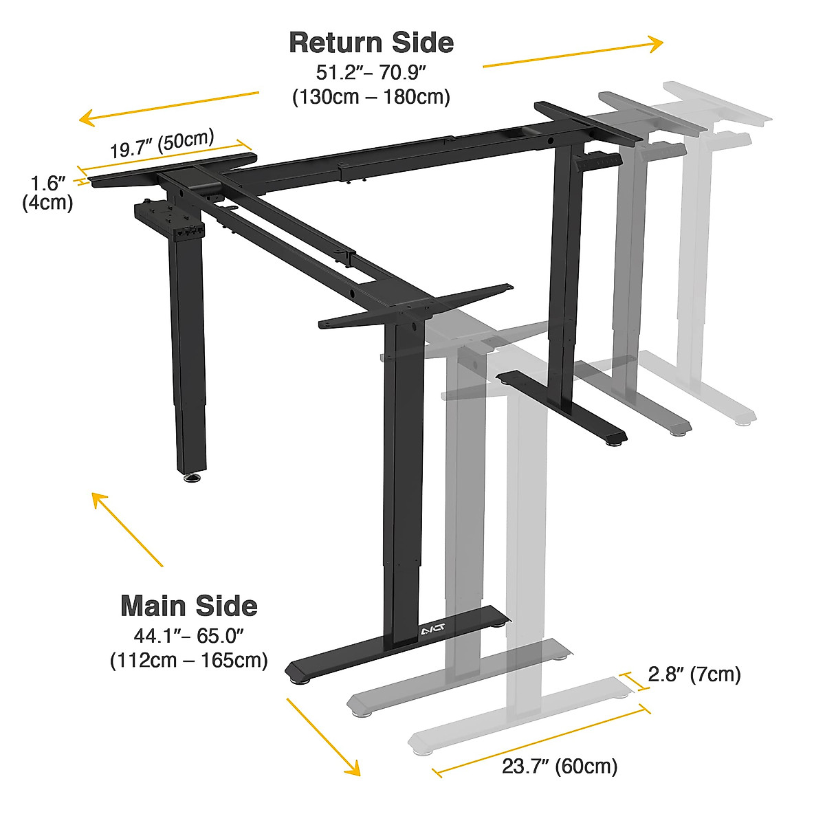 AVLT 47" Electric Standing Desk (3 ft 11 inches) L Shaped Sit Stand Desk Height Adjustable with Swappable Mid Foot Design - 3 Leg Motorized Corner Desk - Frame Only - Black
