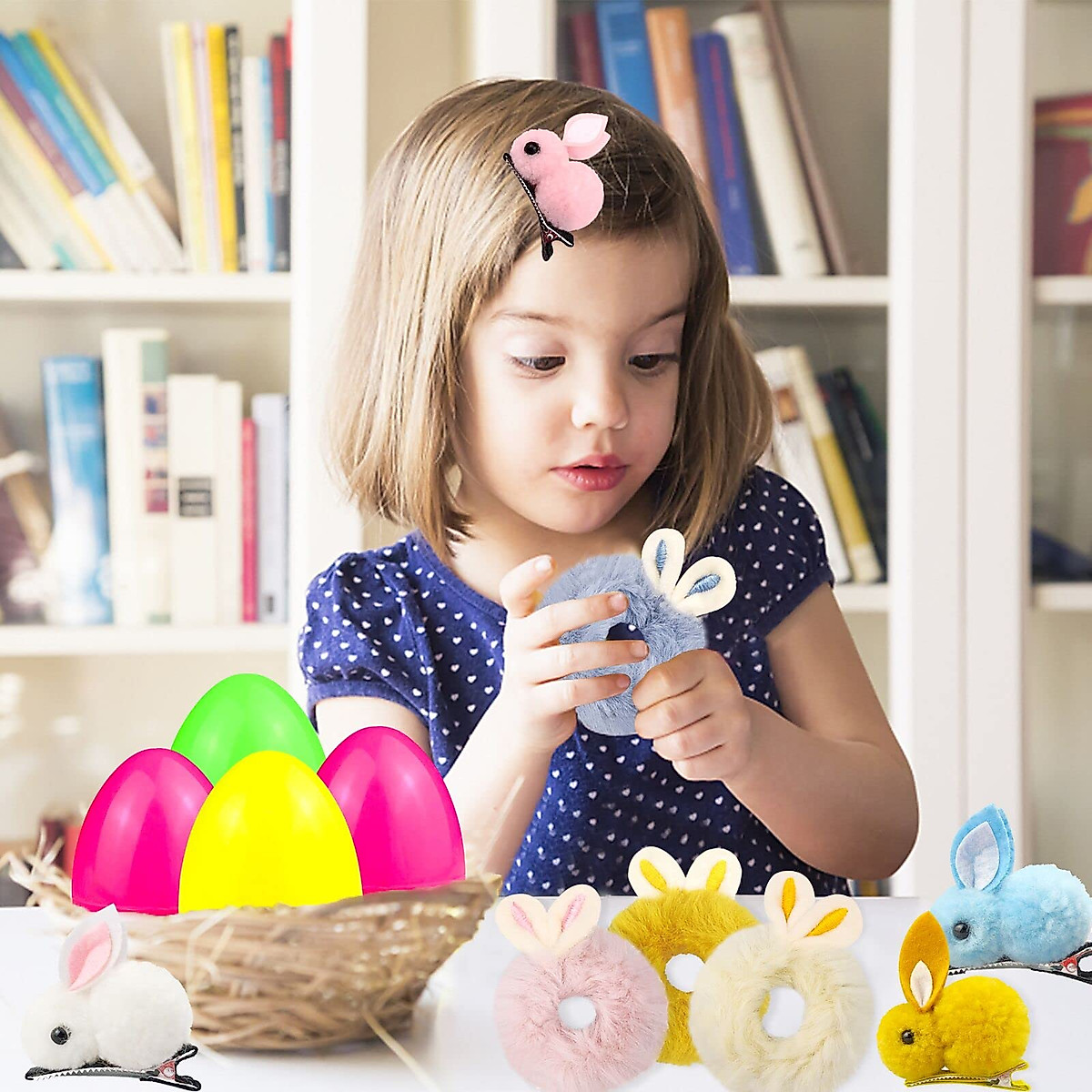 Easter Eggs Easter Basket Stuffers For Toddler Girls Filled 4 Pack Eggs with Cute Rabbit Hair Clips and Hair Ties Inside Colorful Plastic Prefilled Easter Eggs with Toys Inside For Kids Easter Gifts