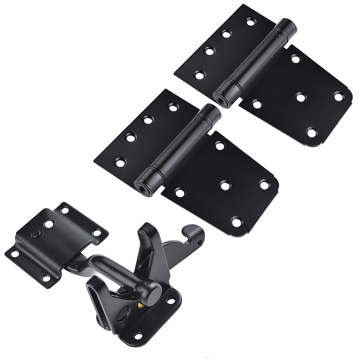 Self-Closing Gate Hardware Kit,1 Pack Self-locking Gate Latch and 2 Pack 3.5inch Heavy Duty Adjustable Spring Gate Square Barn Hinges,Black Finish Gate Hardware Set for Wood Vinyl Fence Gate Shed Door