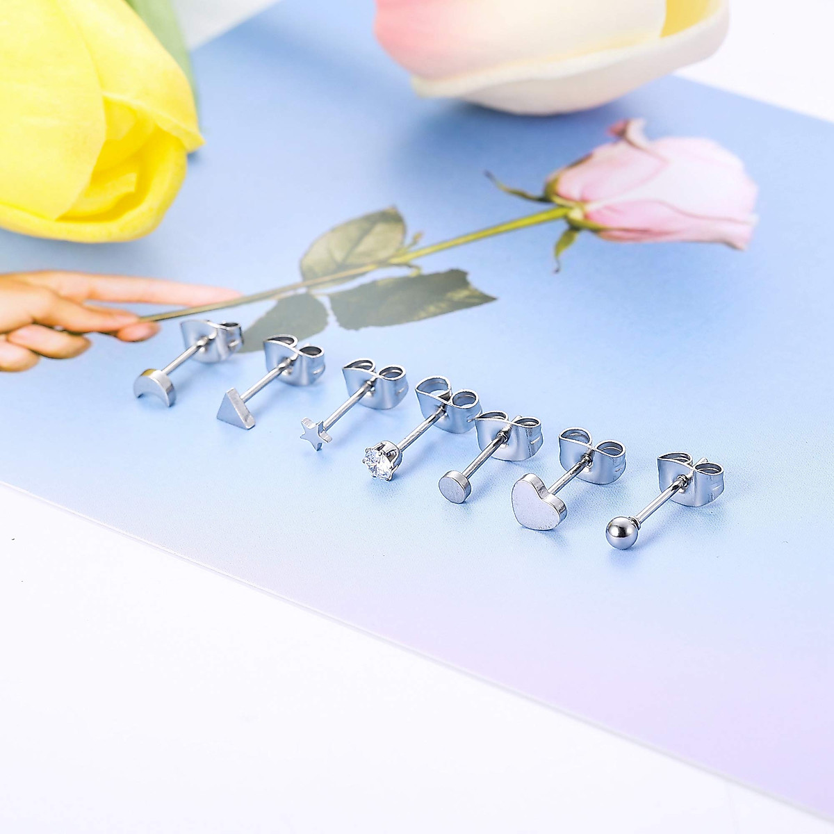 Sllaiss 7 Pairs Tiny Geometric Stud Earrings Set Stainless Steel CZ Ball Heart Star Cartilage Earrings Studs for Women Helix Ear Piercing Set With Gift Box