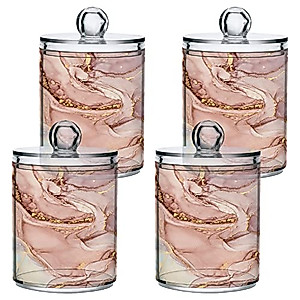 Kigai Gold Pink Marble Texture Qtip Holder Dispenser with Lids 2PCS -Bathroom Storage Organizer Set, Clear Apothecary Jars Food Storage Containers, for Tea, Coffee, Cotton Ball, Floss