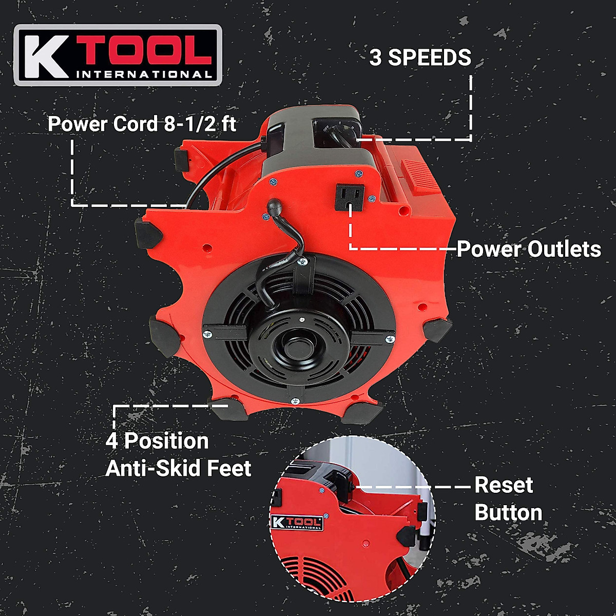 K Tool International 77700; Big Chill Workforce Blower, 3 Speed Motor with Built-in Overload Protection, 4 Angle Position, Indoor and Outdoor Use, Heavy Duty Design Impact Resistant ABS, 1200 CFM, Red