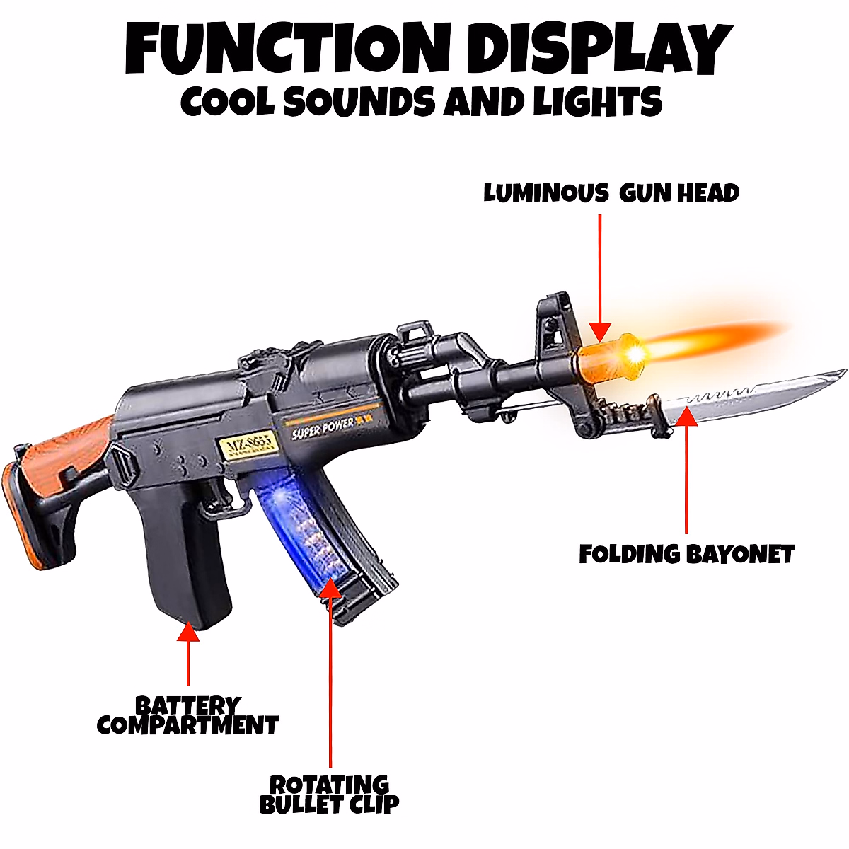Light Up Toy Machine Gun with Folding Bayonet by ArtCreativity - Cool LED, Sound and Vibration Effect - 16 Inch Pretend Play Military Submachine Gun - Army Prop Gun for Boys and Girls