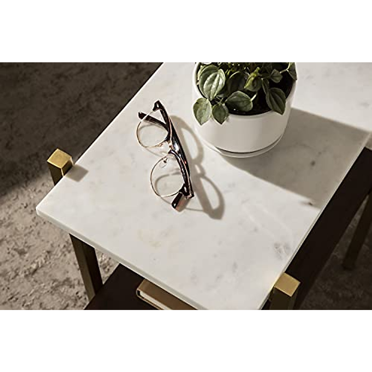 Kate and Laurel Abcott Midcentury Side Table, 20 x 12 x 24, Walnut Brown and Gold, Decorative Two-Tier Bedroom Nightstand Table with Genuine Marble Tabletop