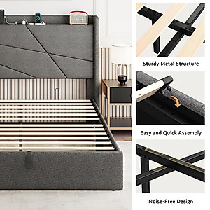 iPormis Queen Size Lift Up Storage Bed Frame with Charging Station, Upholstered Platform Bed Frame with Headboard, Hydraulic Storage, No Box Spring Needed, Noise-Free, Easy Assembly, Dark Grey