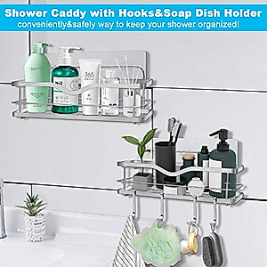 2 Pack Shower Caddy Bathroom Shelf, No Drilling Traceless Adhesive Bathroom Storage Organizer, SUS304 Rustproof Food Storage Basket, 2-in-1 Kitchen Spice Racks (Polished Silver)