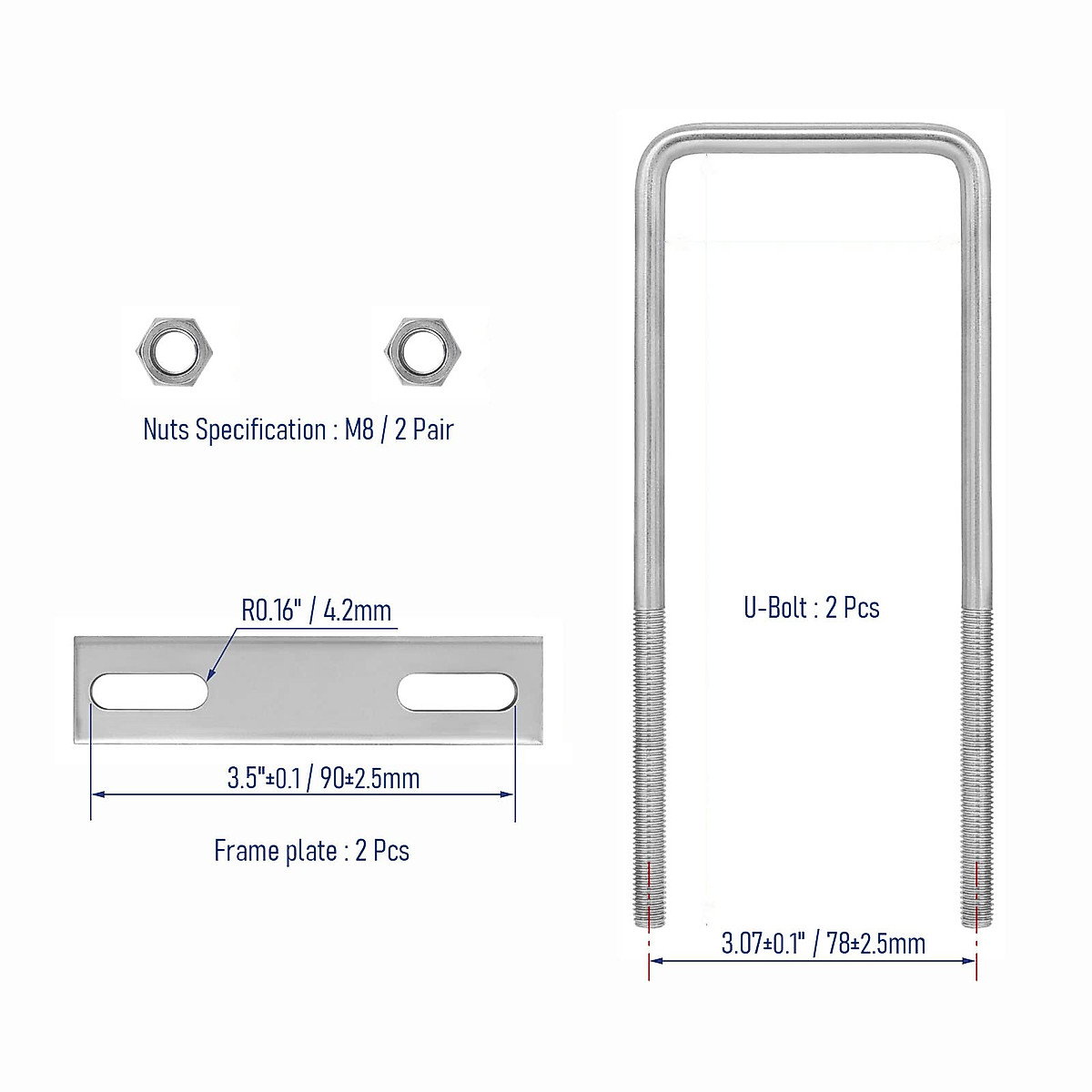 FOCMKEAS 2 Sets 304 Stainless Steel Square U-Bolts 2.76"(70mm) Inner Width, 7.09"(180mm) Length Stainless M8 with Nuts, Frame Plate, Accessories for Automobiles Trailer, Boat Trailer Industrial Parts