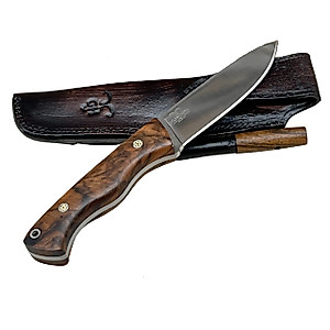 Handmade Fixed Blade Outdoor Knife with Sheath – Hunting, Bushcraft, Self Defense Bowie Knife – Tracker Knife with Wooden Handle & N690 German Bohler Steel Blade – Leather Sheath & Flint Rod Included