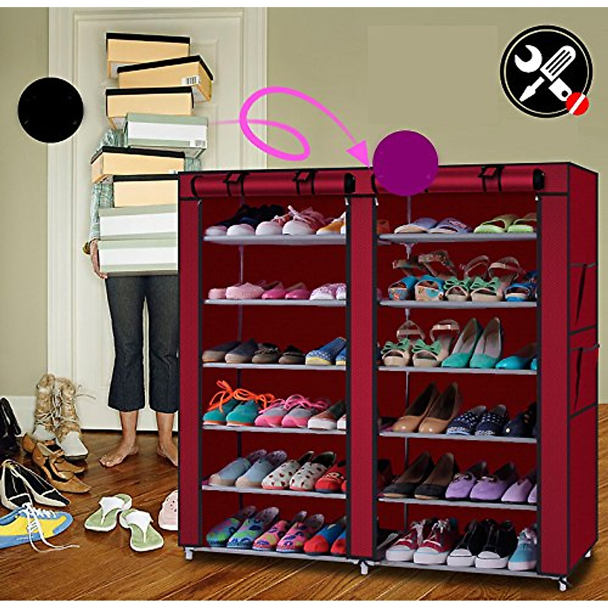 Vasitelan Shoe Rack Storage Organizer,Portable Double Row with Nonwoven Fabric Cover Shoe Rack Cabinet for Closet (Wine Red)