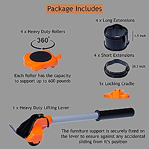 Heavy Duty Furniture Lifter 4 Appliance Roller Sliders with 660 lbs Load Capacity Wheels + Adjustable Height Lifting Tool Lever Suitable for Safe and Easy Moving of Couches Sofas Refrigerators + More