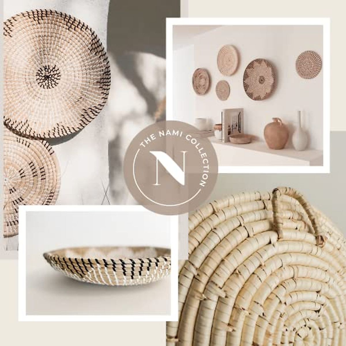 TheNamiCollection Five Seagrass Baskets Set | Hanging, Decorative, Boho Styled Perfect For Trendy, All Natural Home Wall Decor | Handmade, Round, Woven
