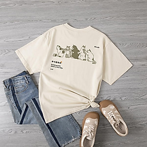 Cayxatiu Cute Cat Graphic Tees for Women Harajuku Shirt Letter Printed Oversized T Shirts Aesthetic Casual Baggy Tshirts (Apricot,L,Large)