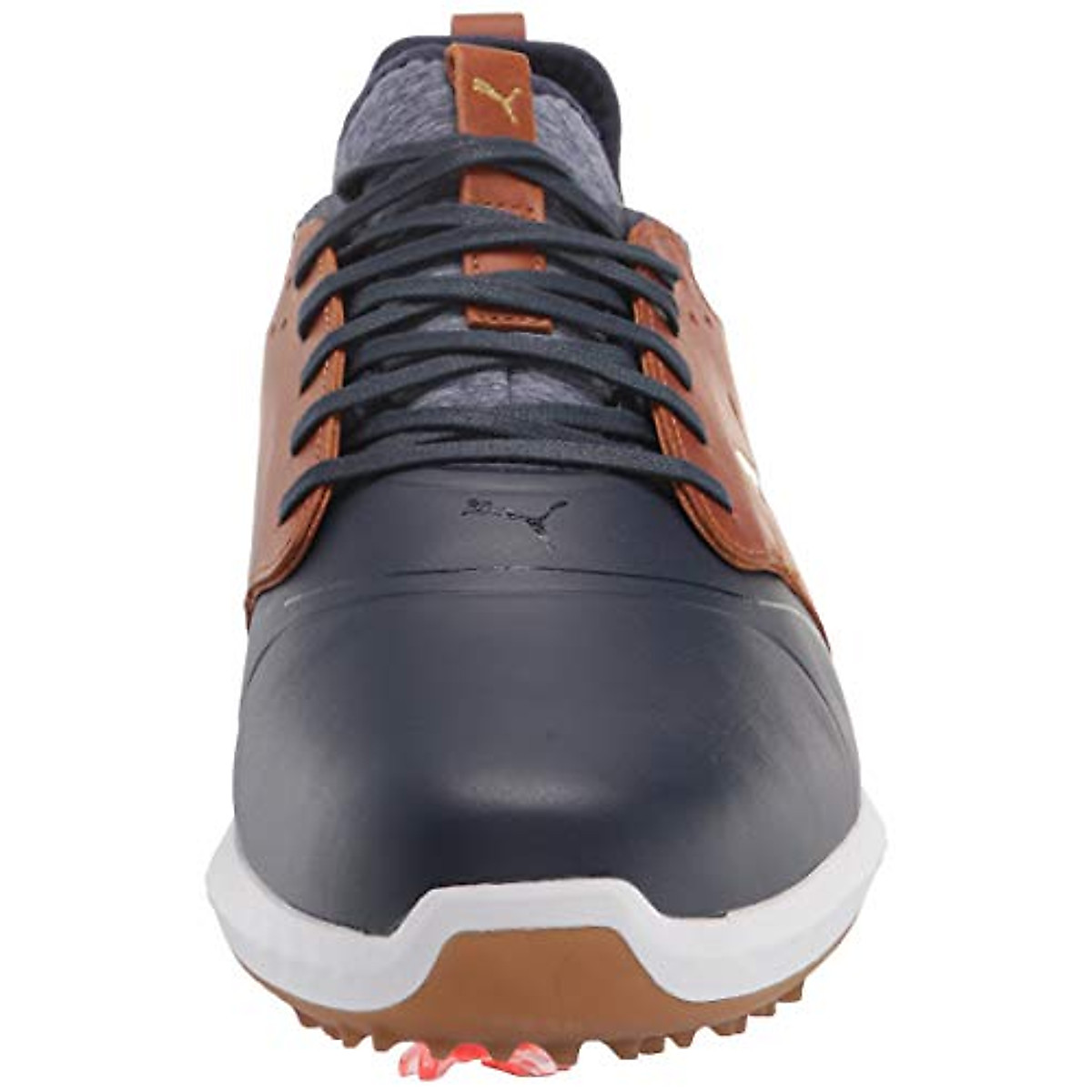 PUMA mens Ignite Pwradapt Caged Crafted Golf Shoe, Peacoat-leather Brown-puma Team Gold, 9.5 US