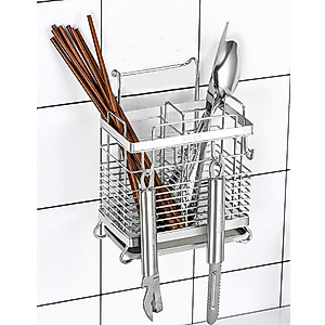 Sturdy 304 Stainless Steel Utensil Drying Rack, Basket Holder with Hooks 2 Compartments Draining Basket, Rust Proof, No Drilling,Kitchen Dish Drainer Dish Drying Rack