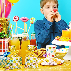Whaline 100Pcs Smile Pattern Cellophane Treat Bags with Yellow Ribbons Cute Smile Face Cello Goodie Bags Clear Flat Candy Cookie Bags for Birthday Baby Shower Wedding Party Favor Supplies