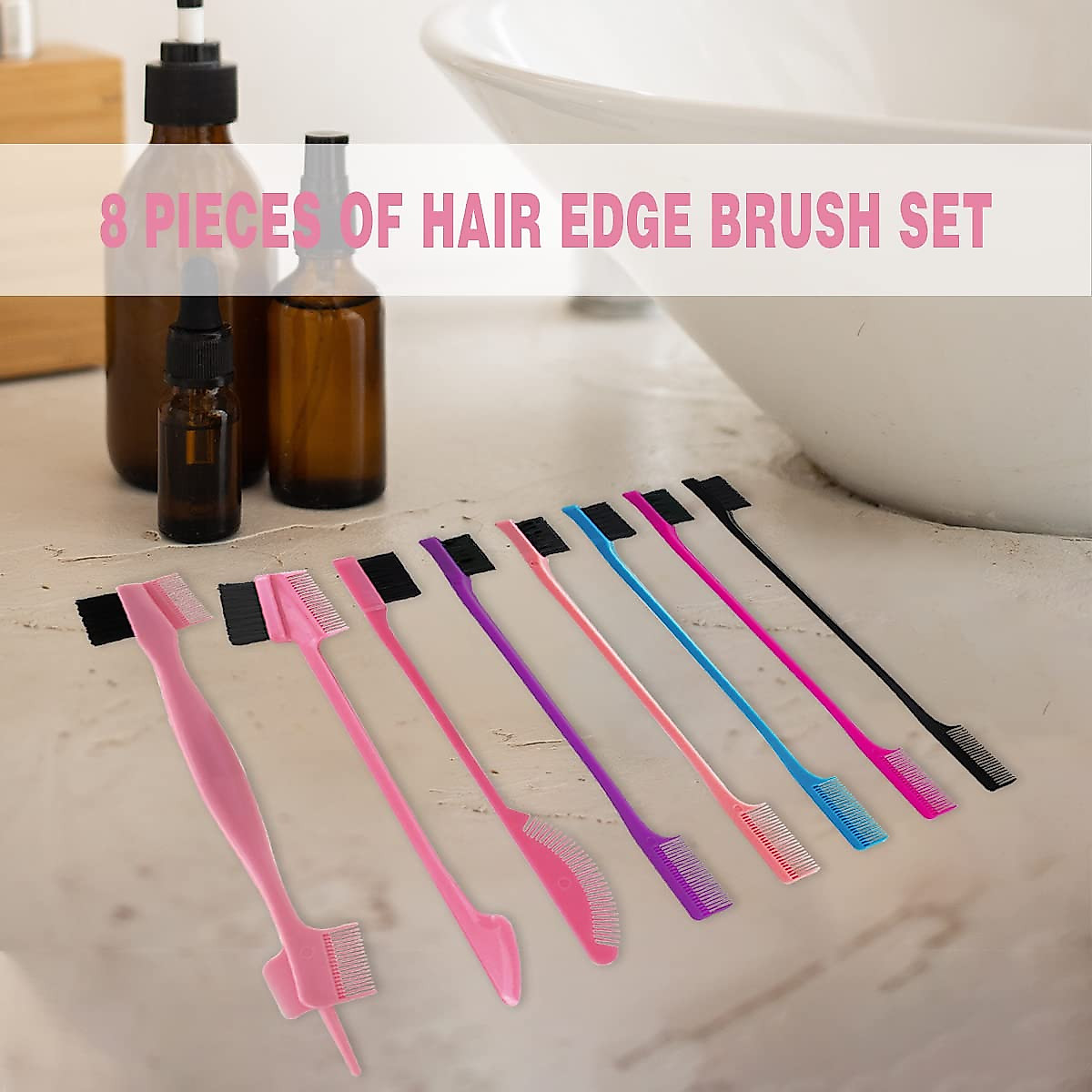 8 Pieces Hair Styling Comb Set Teasing Rat Tail Brush for Edge&Back Brushing, Combing, Slicking Hair for Women Edge Brush Double Sided Edge Comb for All Hair Styles(edge control brush-8pcs)