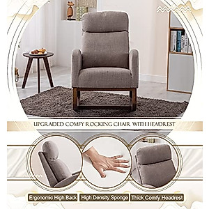 KINFFICT Comfy Rocking Chair, Upholstered Accent Glider Rocker for Baby Nursery or Relaxation, Living Room Armchair with High Back and Headrest, Modern Rocking Glider with Side Pocket, Grey
