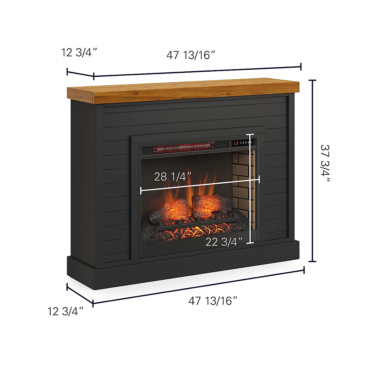 Bridgevine Home Washington Modern Farmhouse Electric Fireplace with Mantel, 48 inches, Poplar and Knotty Alder Solid Wood, Black and Whiskey Finish