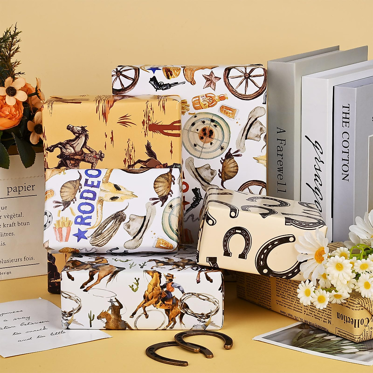 12 Sheets 28 * 20 Inches Western Wrapping Paper Watercolor Cowboy Wild West Desert Cactus Rodeo Gift Wrap Paper for Birthday Baby Shower Horse Racing Party DIY Craft