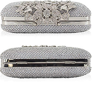 MagicLove Womens Evening Bag with Flower Closure Rhinestone Crystal Clutch Purse for Wedding Party Silver