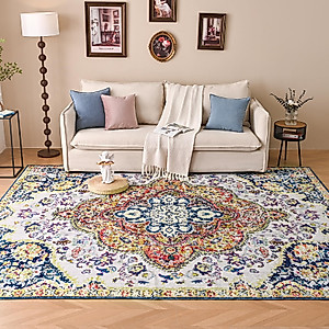 VK·LIVING Washable Rug 6'x 9' Machine Washable Area Rugs for Living Room Area Rugs with Non Slip Rug for Bedroom Colorful Boho Rug Carpet Woven Rug Dining Office Machine Washable Rug (Multi-Color)