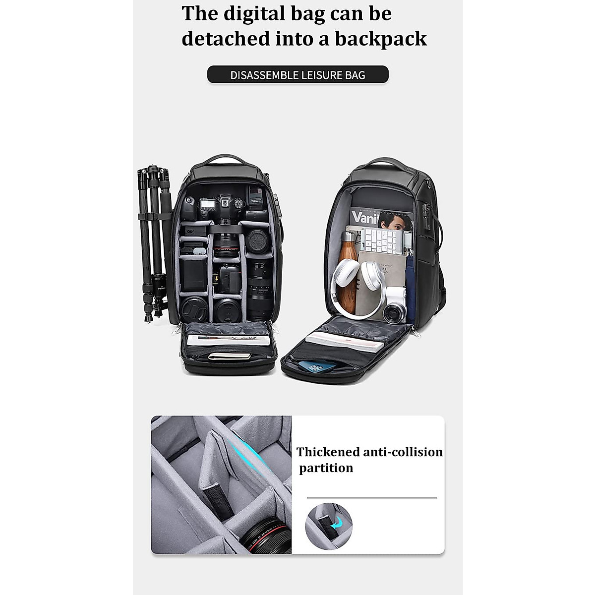 Men travel Professional camera backpack With tripod bracket, Detachable into a Anti-theft travel 17 inch Laptop Backpack, 40L outdoors business backpack,Applicable to digital SLR camera