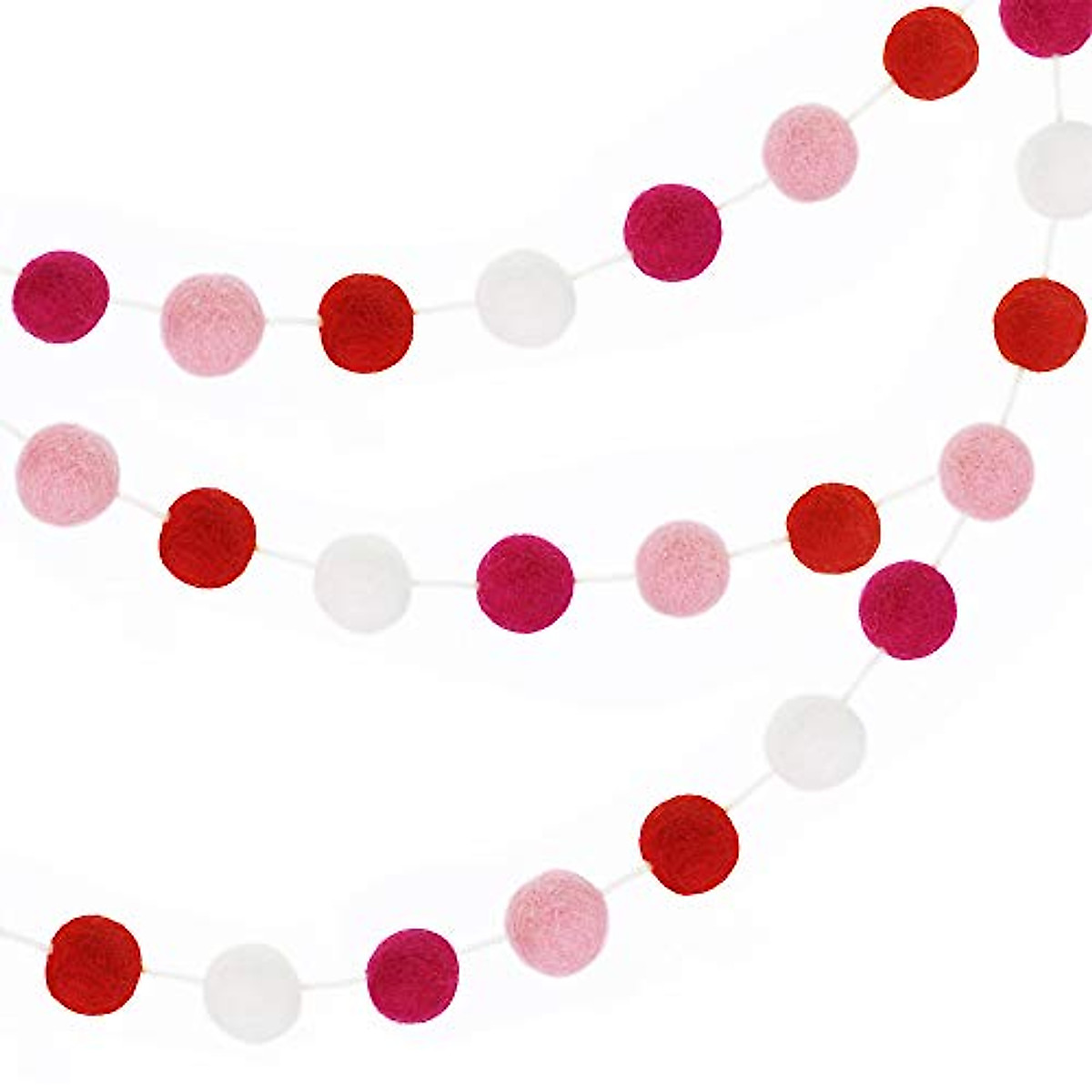 Supla 6' Long Pom Pom Garland 24 Pcs 1" Diameter Wool Felt Balls Garland Strand Red Pink Rose White Ball Garland Valentine's Day Party Garland Tree Garland for Mantel Wall Child's Room Nursery Décor
