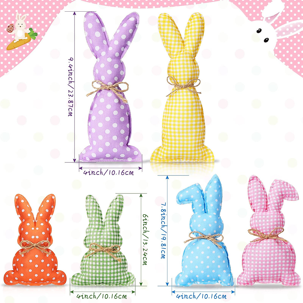 6 Pcs Rustic Easter Bunny Decor Farmhouse Stuffed Fabric Bunny Ornament Polka Dot Grid Easter Basket Bowl Fillers for Tiered Tray Desk Table Top Wedding Home Easter Centerpiece Decoration (Dark)