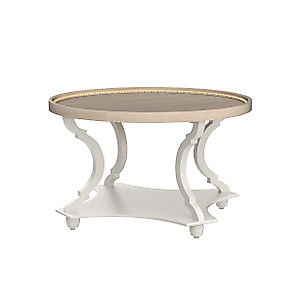 Wnutrees Farmhouse Round Coffee Table, Rustic Circle Coffee Table with Wood Tray Top for Living Room, Boho Coffee Table with Storage Shelf, Handcrafted Finish, White