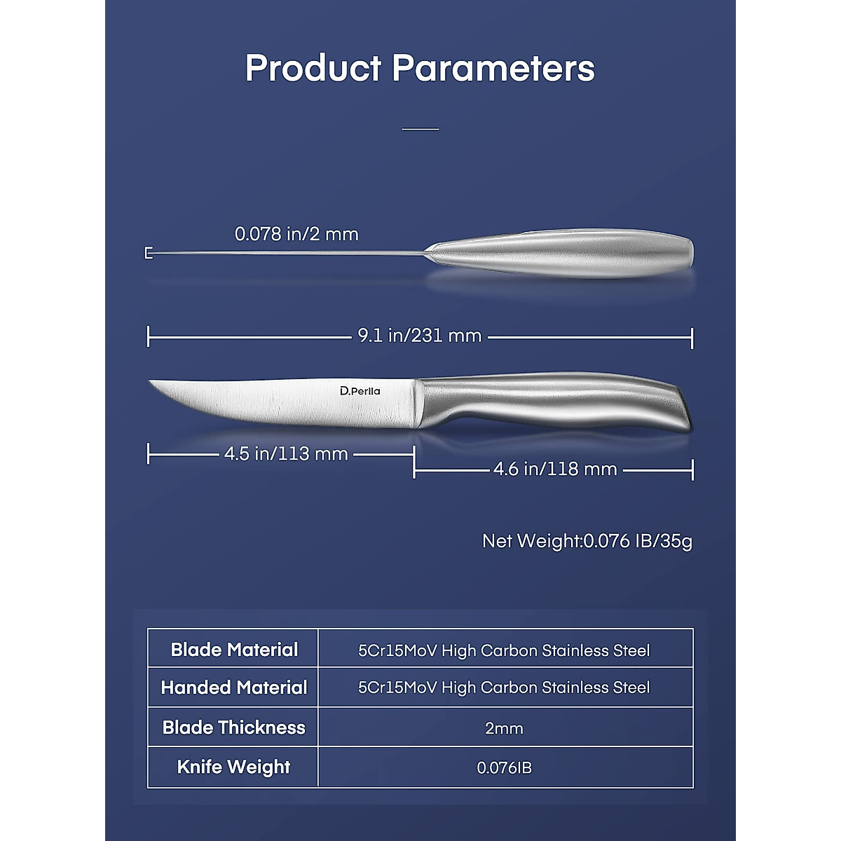 D.Perlla Steak Knives, Super Sharp Straight Edge Steak Knife Set of 8, Professional Straight Edge Kitchen Table Dinner Knives, Elegant High Carbon Stainless Steel Kitchen Steak Knife Set, 4.5IN