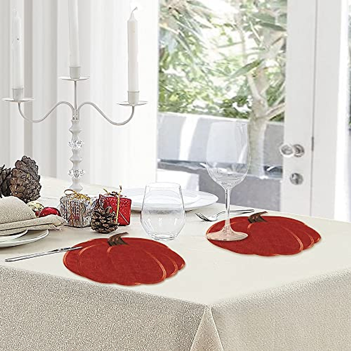 OWENIE Fall Placemats Set of 4, Embroidered Harvest Pumpkins Placemats, Thanksgiving Placemats for Autumn Decorations, Boho Farmhouse Table Mats, Halloween Doilies, Red, 15 Inch Diecut