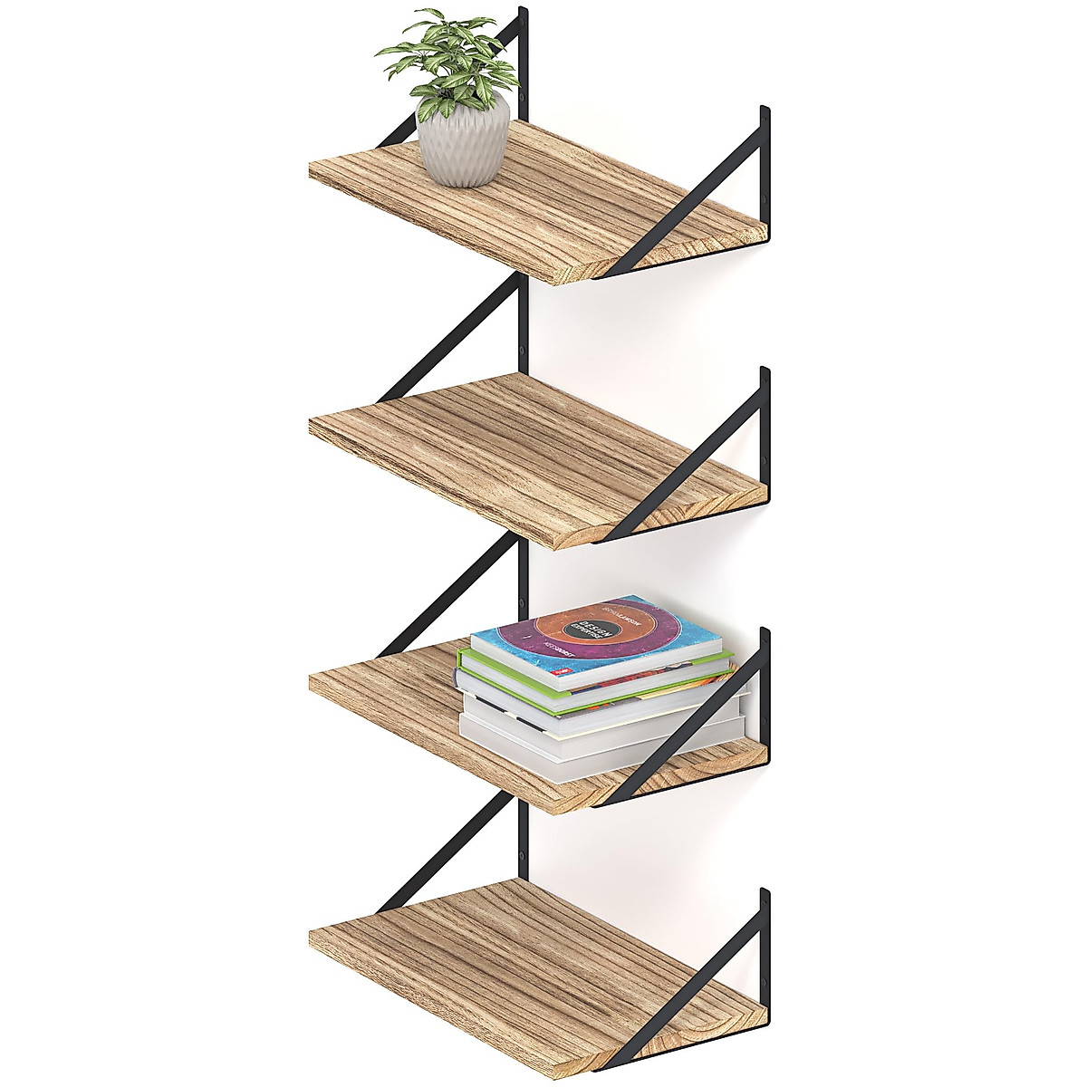 Greaittle 10 Inch Deep Floating Shelves, 16.5" x 10", Set of 4, Natural Wood Floating Book Shelves for Bedroom, Living Room, Rustic Wall Shelves for Books, Plants and More, Burnt Wood Finish