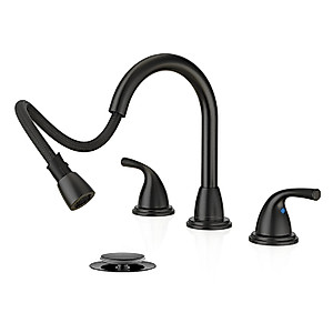 Phiestina Pull Down Sprayer Matte Black 8 Inch 3 Hole Bathroom Sink Faucet, 2 Handles Widespread Pull Out Bathroom Faucet, with Pop Up Drain and Water Supply Line,BF04008-B11-MB