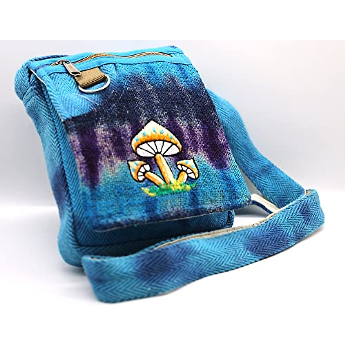 Himalaya Handmade Unique design Mushroom Embroidery Hemp Hobo Passport crossbody bag Festival Travel 100% Himalaya FAIR TRADE MADE Handmade with Love., Blue