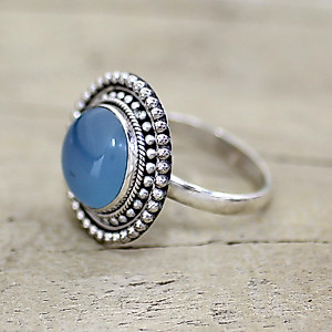 NOVICA Artisan Handmade Blue Chalcedony Cocktail Ring Round Sterling Silver India Gemstone [ring Front 0.3 in H x 0.9 in Diam. Band Width 3 mm W] ' Azure Skies'