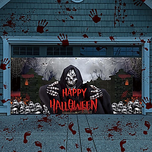 Vlipoeasn Halloween Garage Door Decorations, 7x16 Ft Halloween Garage Door Cover Banner, Skull Ghosts Halloween Outdoor Party Photography Backdrop Sign Poster Decorations Supplies
