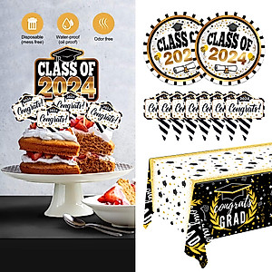 graduation decorations class of 2024 black gold - (89pack) Congrats Grad Banners, class of 2024, Hanging Swirl, Balloons, Tablecloths, Cupcake Topper, Plates, Photo Props, senior 2024 Sash