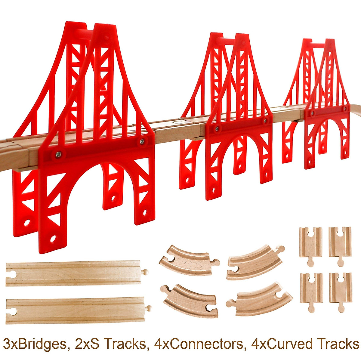 Wooden Train Bridges, 3 Suspension Bridge, Wooden Train Track Accessories, Wooden Train Track, Train Tracks Compatible with All Major Brands, Wooden Toys for Girls & Boys