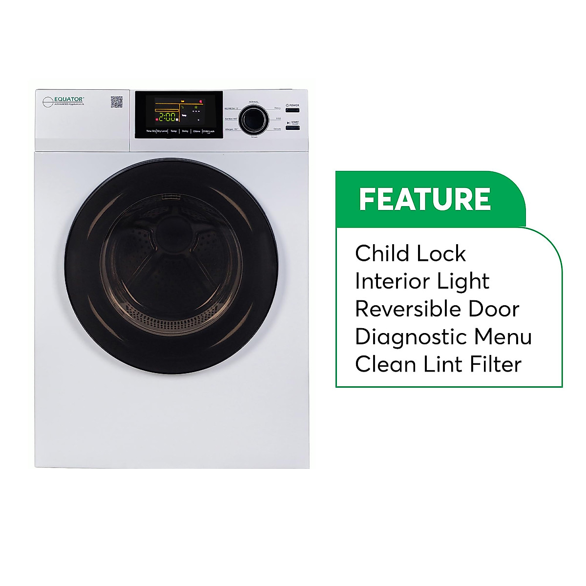 Equator 24" 220V Vented SENSOR Dryer SANI 4cf/18lbs Touch Control DIGITAL