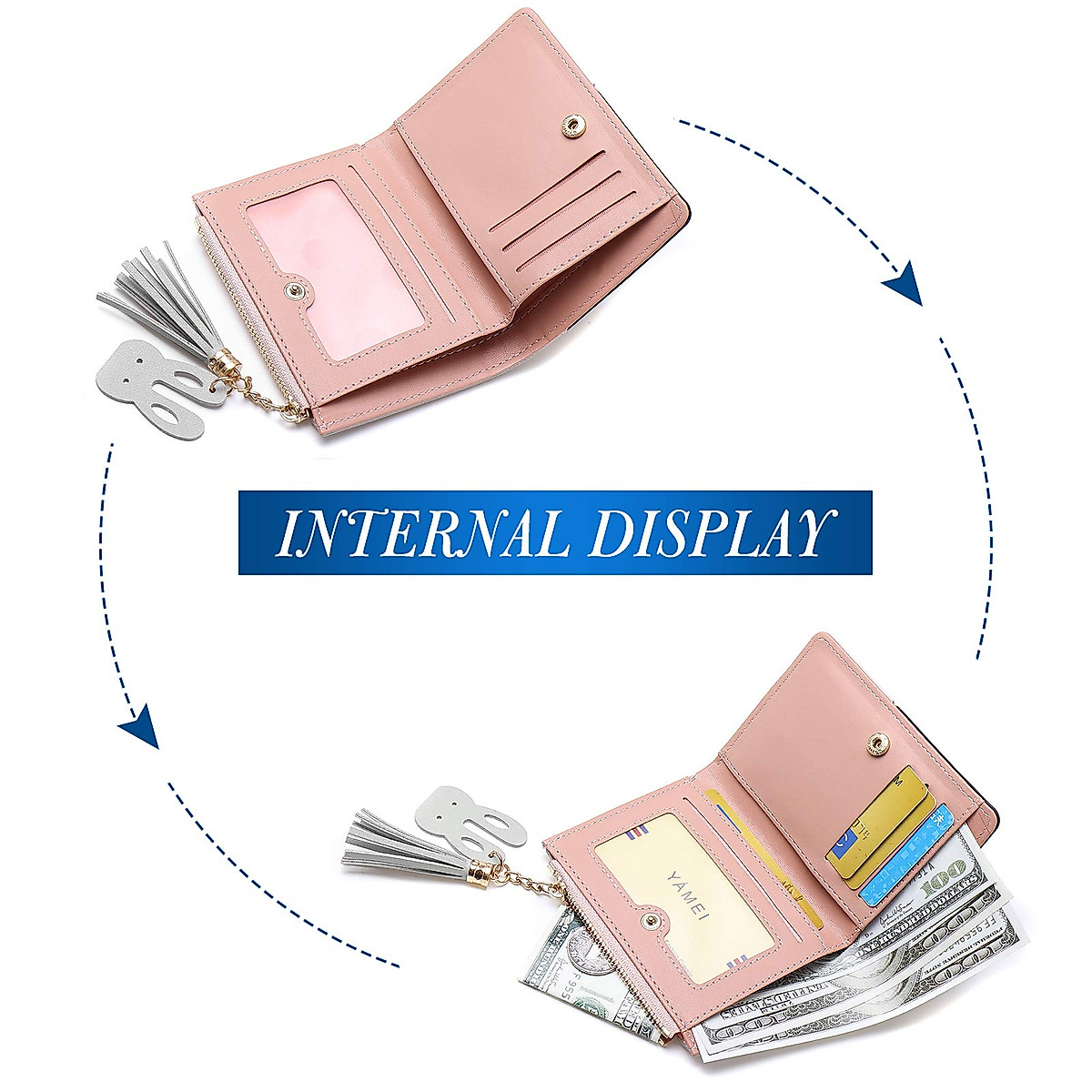 JOSEKO Women's Wallet, Small Wallet PU Multi Slots Short Card Holder Purse Wallet for Ladies Girls with Tassel Pendants Grey