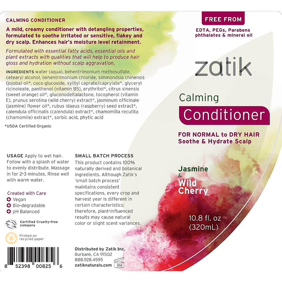 Zatik Naturals - Calming Conditioner with Jasmine and Wild Cherry for Dandruff - Vegan Biodegradable, pH Balanced, FREE FROM EDTA, PEG, Parabens, fragrances, phthalates & mineral oil, 10.8 oz.