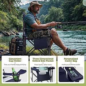 ALPHA CAMP Oversized Camping Folding Chair Heavy Duty Lawn Chair with Cooler Bag Support 450 LBS Steel Frame Collapsible Padded Arm Chair Quad Lumbar Back Chair Portable for Outdoor,Blue