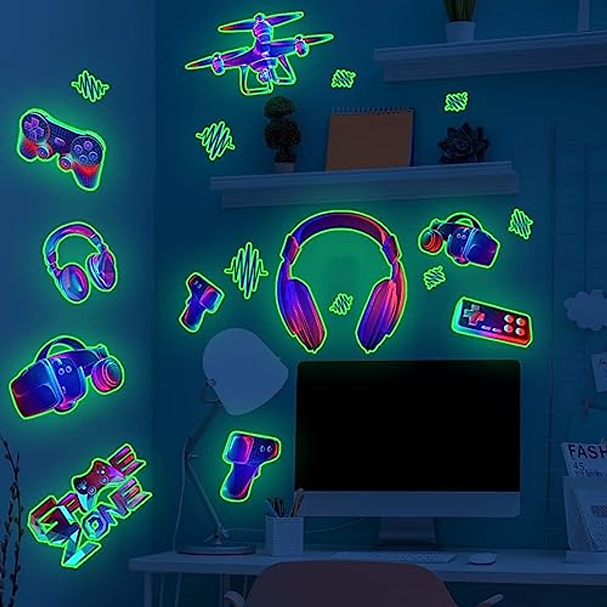 3D Glow in The Dark Game Wall Decal Gamer Boy Wall Stickers Video Game Controller Wall Decor for Boys Room Kids Bedroom Home Playroom Decoration